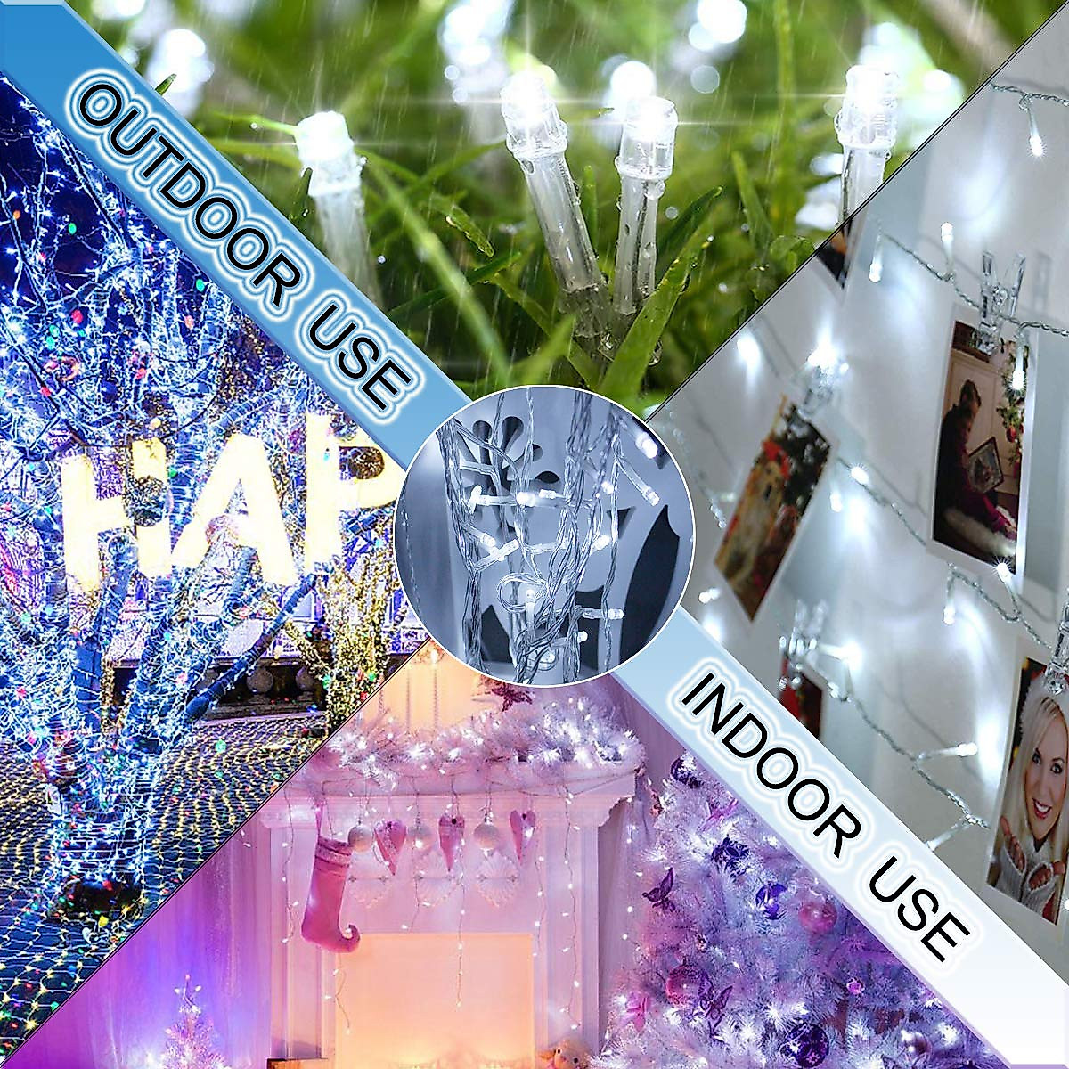 Christmas String Lights - 120 LEDs 49ft/15m End-to-End 8 Modes Plug in - Indoor/Outdoor Waterproof Decorative Fairy Twinkle Xmas Lights for Home/New Year/Tree/Thanksgiving Day/Wedding - Cool White