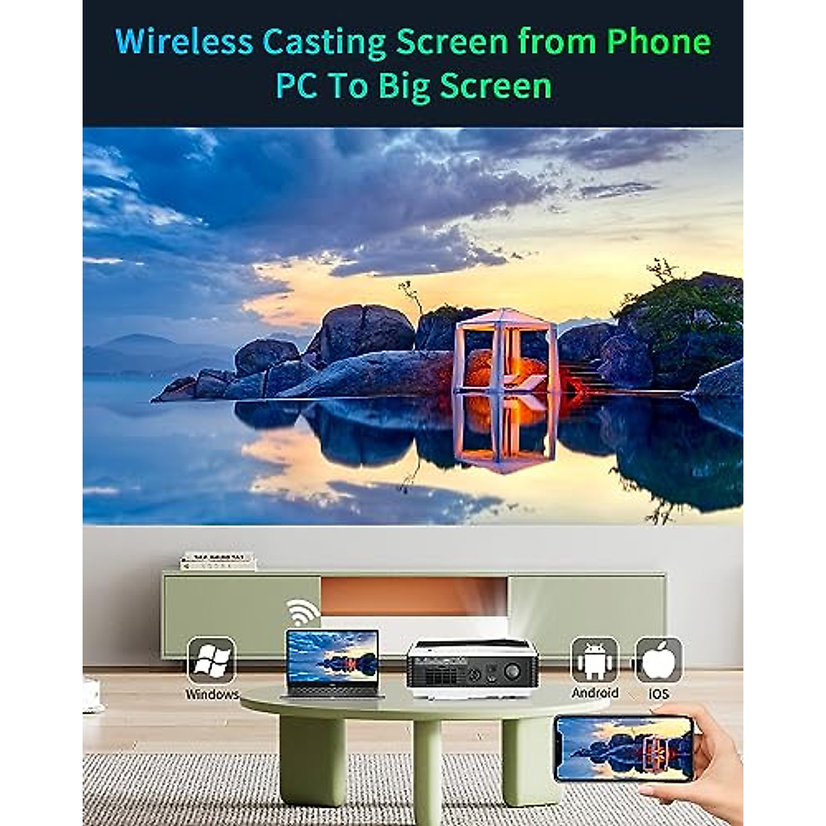 Native 1080P Full HD Video Projector for Outdoor Moives 200'' Display 9000 Lumens Wireless Bluetooth WiFi Projector Smart Home Theater Projector Gaming,Zoomable,10W Speakers,iOS,Android,TV Stick
