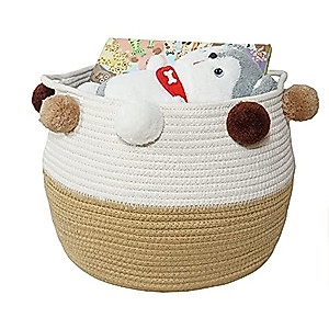 Cotton Rope Woven Round Baskets, Baby Shower Basket with Pom, Shelf Storage Basket, Baby Diaper Caddy Nursery Nappies Organizer, Blanket Laundry Basket Hamper Bin for Living Room