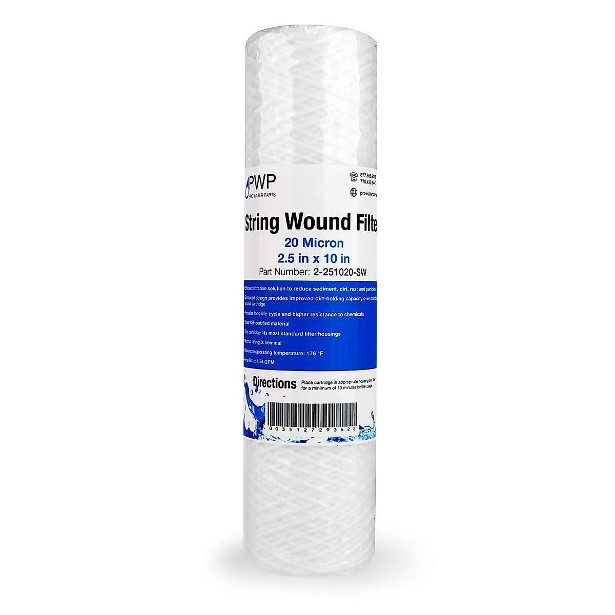 Sediment String Wound Water Filter Cartridge Standard 2.5x10" 20 Micron 25 Pack