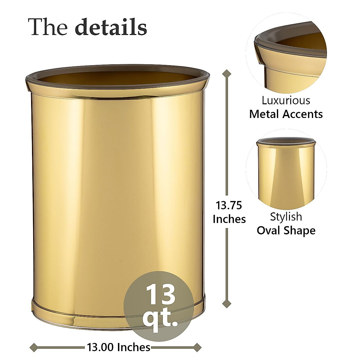 Kraftware Polished Brass Designer 14” Oval Wastebasket for Home & Office (76074)