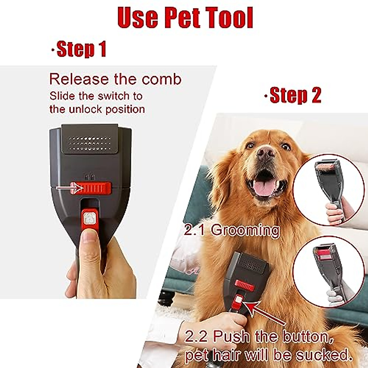 Portek Dog Hair Brush Vacuum Attachment for Most Vacuums, Pet Shedding Grooming Tool, Great for Dog Undercoat Removal, Deshedding Groomer, Extension Hose with Universal Adapters