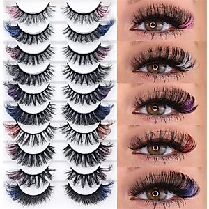 IFLOVEDEKD 10 Pairs Colored Lashes Russian Strip Lashes with 5 Colors 8 Styles Eyelashes Mix Wispy Faux Mink Fluffy Long False Eyelashes Reusable D Curl Lash Strips
