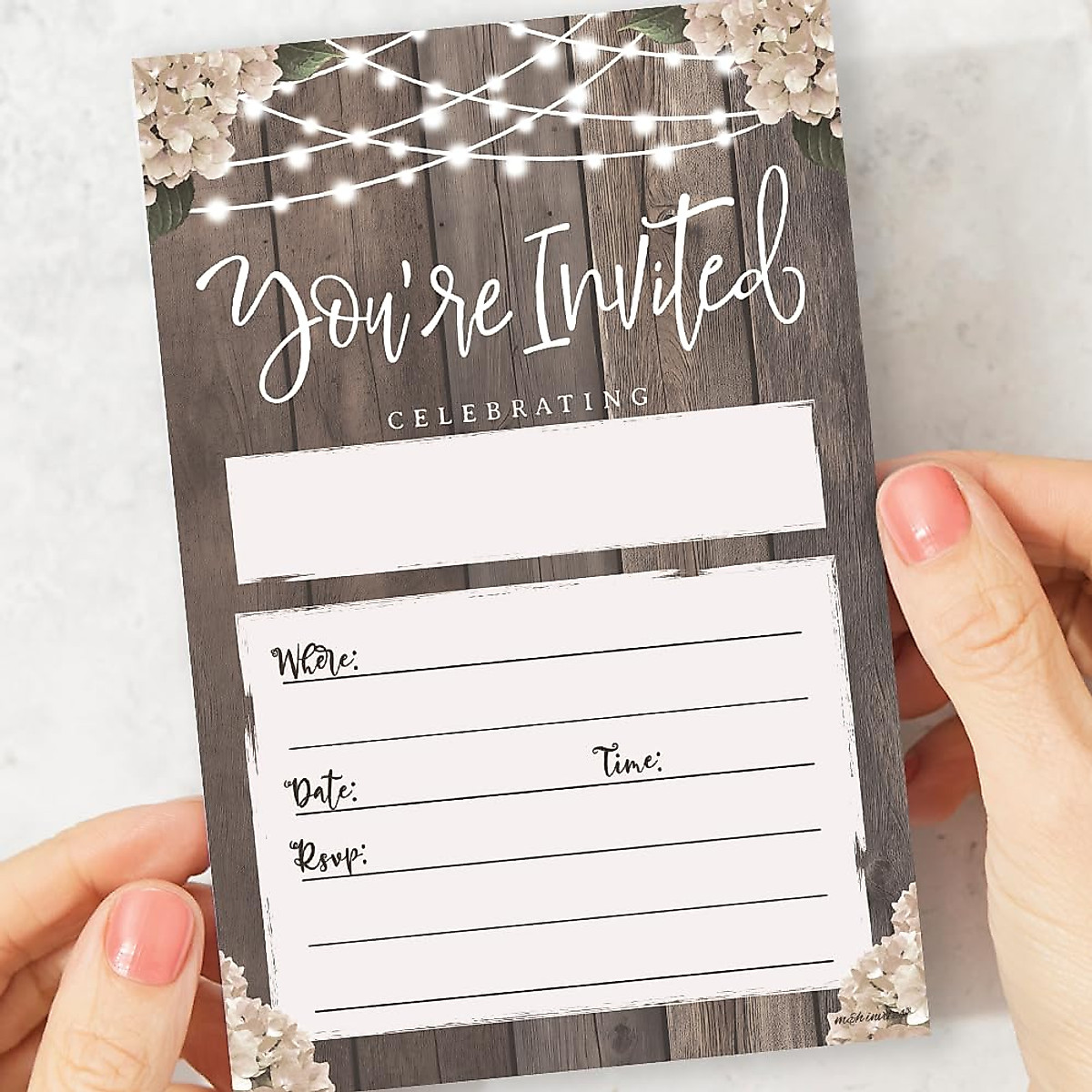 Bridal Shower Rustic Party Invitations - 20 Invites With Envelopes - Wood With String Lights Design - Wedding Reception, Engagement Party, Rehearsal Dinner Party, Milestone Birthday or Housewarming