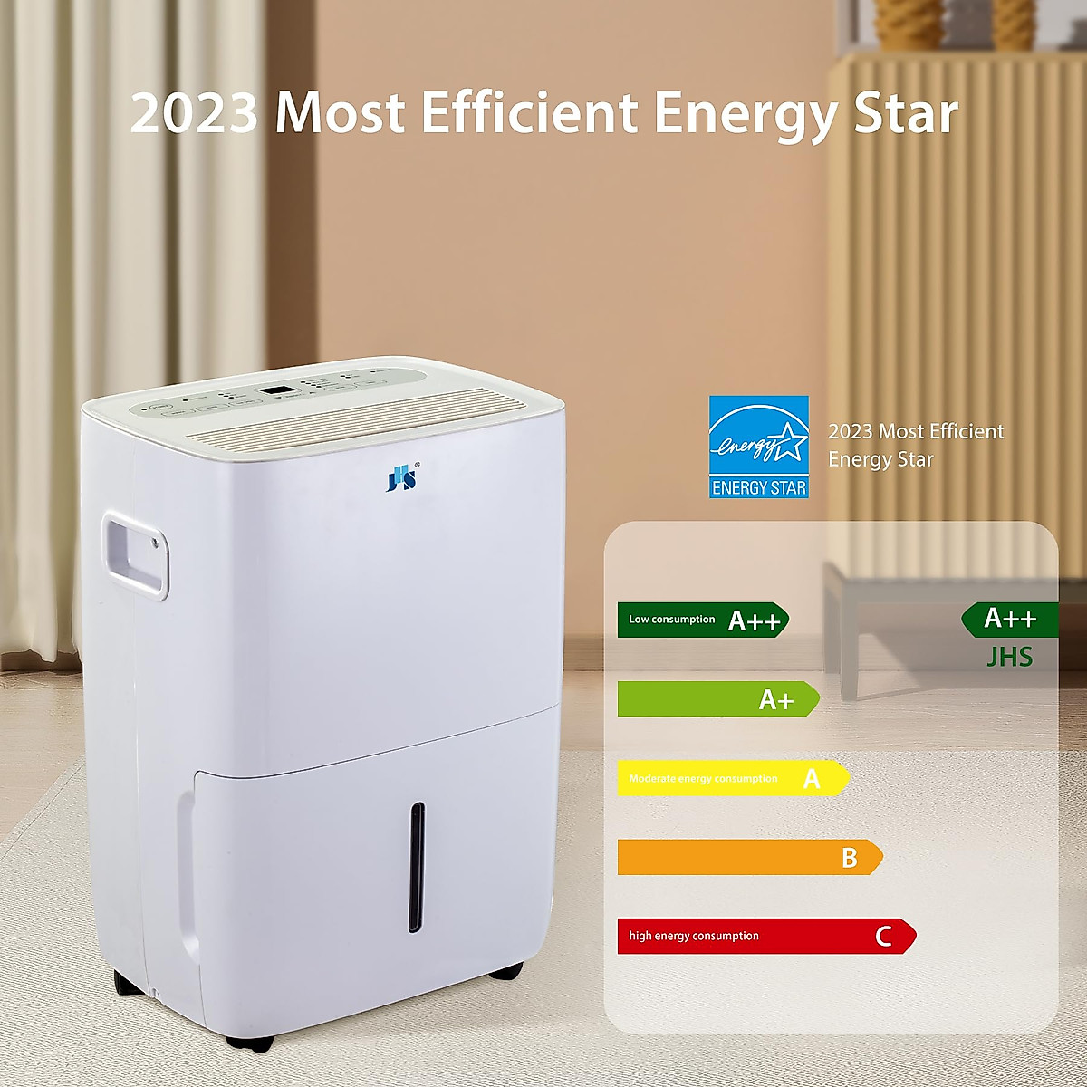 JHS 50 Pints Dehumidifier for Spaces up to 4,500 sq. ft at Home with Drain Hose, Reusable Air Filter, and 2.1 Gal Water Bucket, Perfect for Bedrooms Bathrooms Basements