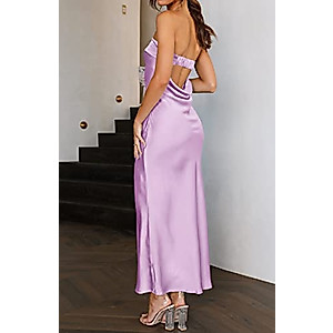 ZESICA Women's 2023 Summer Satin Strapless Dress Sexy Backless Bodycon Wedding Cocktail Party Maxi Dresses,Purple,X-Large