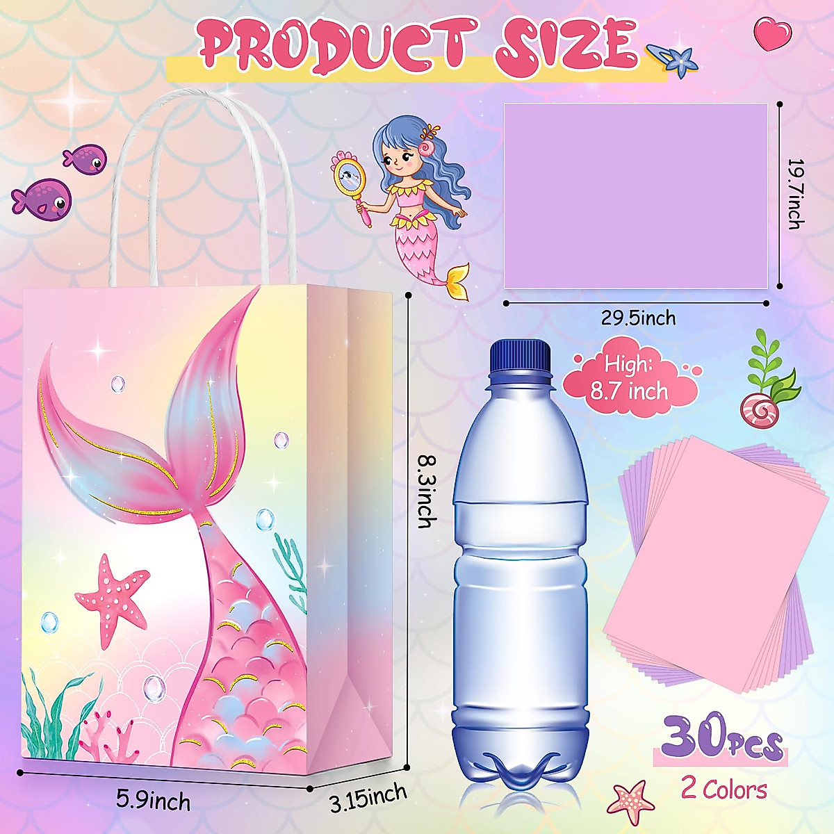 Liliful 16 Pcs Mermaid Birthday Gift Bags with Tissue Paper Mermaids Theme Party Favor Bags Goodie Candy Treat Bags for Birthday Mermaids Themed Decorations