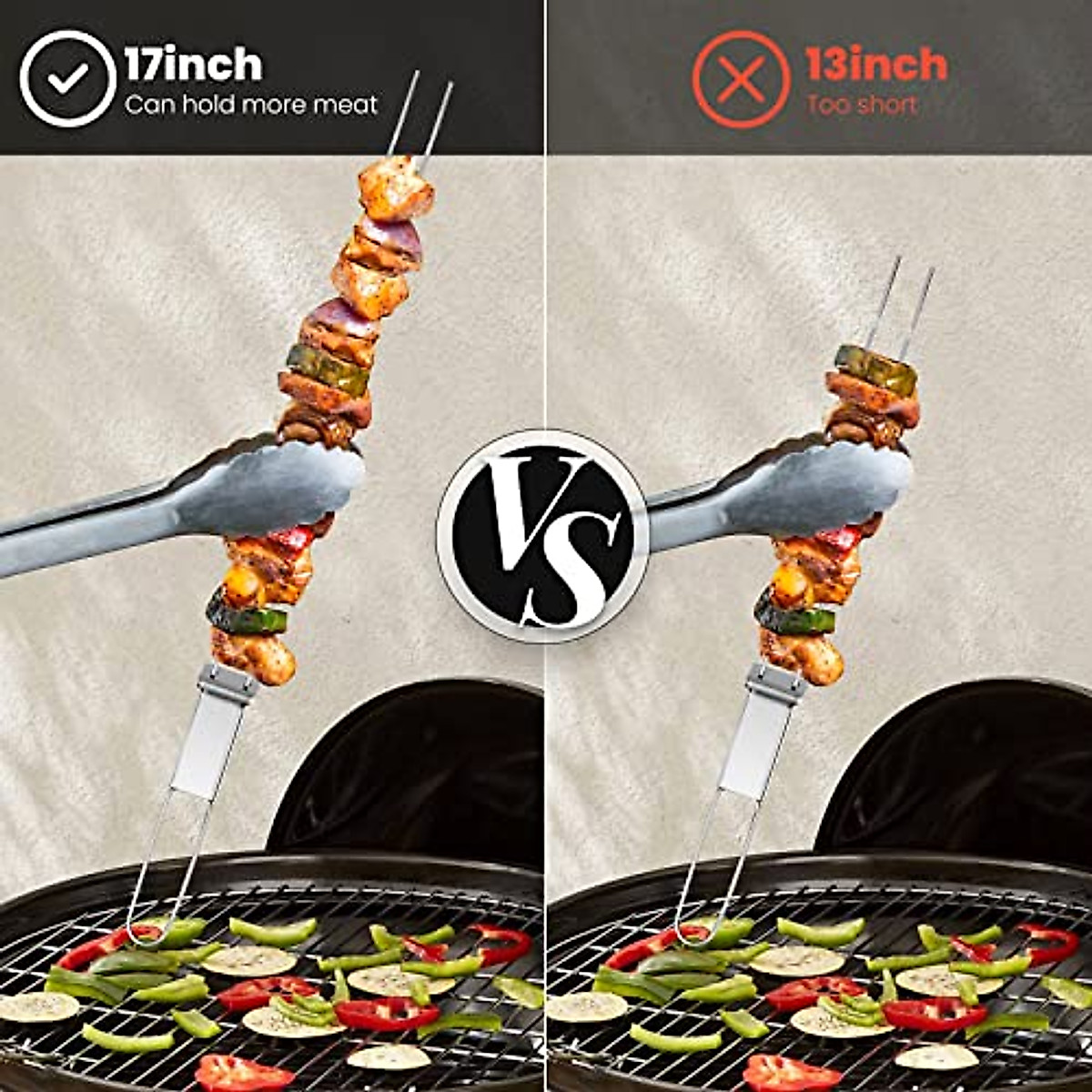 6 Pack Kabob Skewer for Grilling- 17" Long Metal Stainless Steel BBQ Skewer Stick with Push Bar, Reusable Double Pronged Kebab Skewer Tool Quick Release Meat, Chicken, Vegetable and Fruit