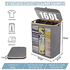 3 Section Laundry Hamper with Lid and Removable Bags, 160L Extra Large Foldable Laundry Basket Waterproof Dirty Clothes Basket Organizer for Closet Bathroom, Bedroom & Laundry Room (Grey)