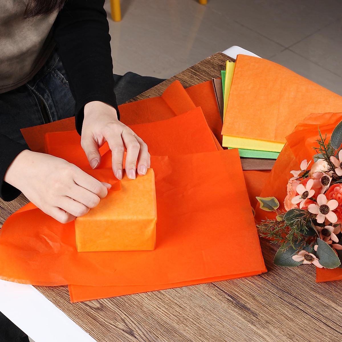 100 Sheets Thanksgiving Day Tissue Paper for Gift Wrapping, Orange Green Yellow Brown Tissue Paper for Gift Bags for Birthday Fall Autumn Holidays DIY Craft