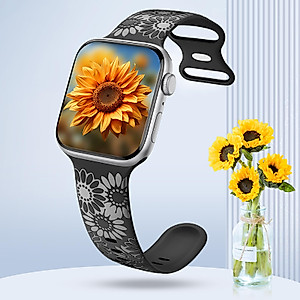 Sunflower Engraved Band Compatible with Apple Watch Bands 38mm 40mm 41mm 42mm 44mm 45mm 49mm Women, Designer Soft Glossy Floral Silicone Strap for iWatch Series Ultra 9 8 7 6 SE 5 4 3 2, Black-38