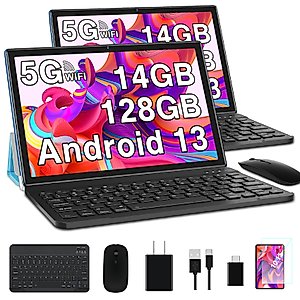 GOODTEL G10 10 Inch Tablet Android 13 Octa-Cores 14GB RAM 128GB ROM 1TB TF, WiFi 5G, Bluetooth 5.0, GPS, GMS, 8000mAh Battery, 8MP+5MP, OTG, Type C, Tablet PC with Case, Keyboard & Mouse - Blue