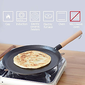 XD Designs Pancake Crepes Frying Pan Cast Iron, Induction, with Beech Handle, Skillet for Steak Pizza, Frying Eggs, for Breakfast,-18cm