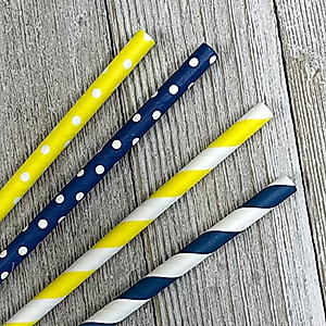 Navy Blue Yellow and White Paper Straws - Stripe Polka Dot - 100 Pack Outside the Box Papers Brand
