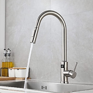 Yalsfowe Touch on Kitchen Faucet, Kitchen Faucet with Pull Down Sprayer, Smart Sensor Kitchen Facucet Stainless Steel, Kitchen Sink Faucet with Temperature Display, 360° Kitchen Mixer Tap,Brushed nick