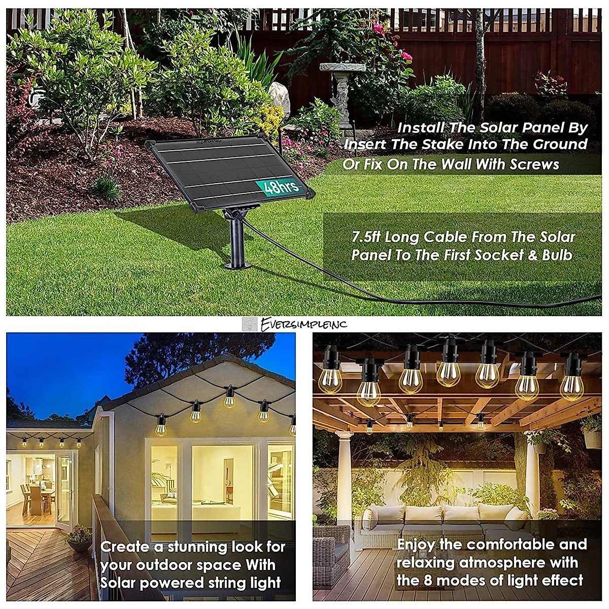 Stright 48FT Solar Powered String Light with Remote Control 8 Light Modes, Weatherproof Shatterproof LED Bulb 15 Sockets Outdoor Strand Patio Light for Fence Backyard