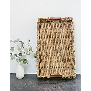 Large Decorative Rattan Woven Serving Tray + Leather Handles 20''x12’,Rectangle Wicker Centerpiece,Boho Kitchen + Home Decor Basket,Coffee Table Organizer,Summit Living,All Occasions Tan