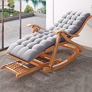 Oversized Rocking Chair,Adjustable Rocking Chair,Outdoor Patio Rocking Chair with Headrest Pillow and Foot Massage Board,Load-Bearing 180KG Comfort Bamboo Loungers Deck Chair Patio Pool Garden Chair (
