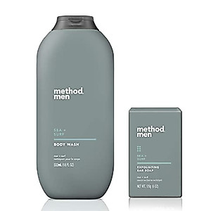 Method Men's - Sea + Surf Body Wash 18 Ounce & Sea + Surf Exfoliating Bar Soap, 6 oz - Set of 2