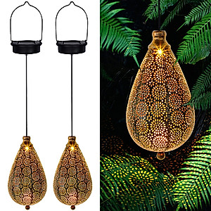 MAGGIFT 2 Pack Solar Hanging Lights, Solar Powered Decorative Retro Lantern with Handle, Warm White LED Christmas Garden Boho Flower Lights, Metal Drop Shape Waterproof Outdoor Yard Tree Fence Patio