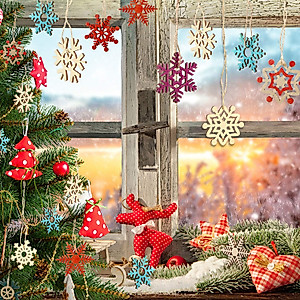 100 Pcs Christmas Unfinished Wooden Snowflake Ornaments Snowflake Hanging Cutouts Blank Wood Slices with Cord Craft Embellishments for Xmas Tree Decorations