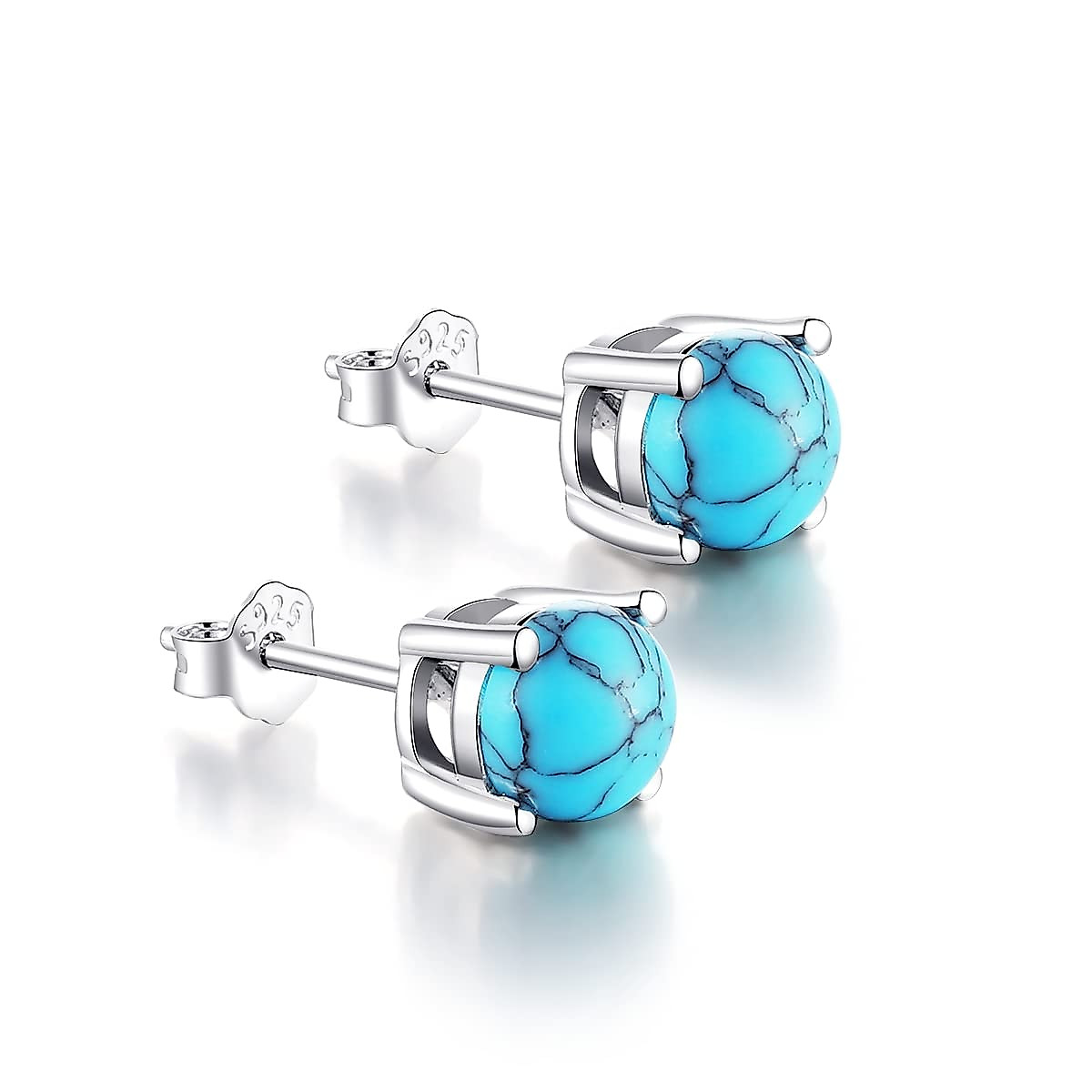 White Gold Plated Sterling Slver Turquoise Stud Earrings 3mm-8mm Options, Simulated Gemstone 4-Prong Studs Hypoallergenic Jewelry (6mm)