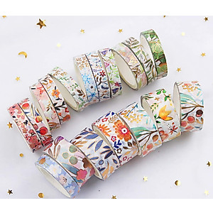YUBBAEX Floral Gold Washi Tape Set VSCO Foil Masking Tape Decorative for Arts, DIY Crafts, Journal Supplies, Planners, Scrapbook, Card/Gift Wrapping -8/15mm- (Blooming 18 Rolls)