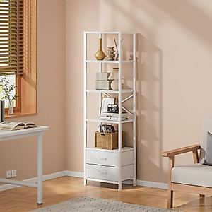 Furnulem 5-Tier Corner Shelf, Narrow Bookshelf with 2 Storage Drawers, Tall Bookcase, Standing Shelf Organizer Unit for Living Room, Bedroom, Metal Frame, Wood Display Shelf(White)