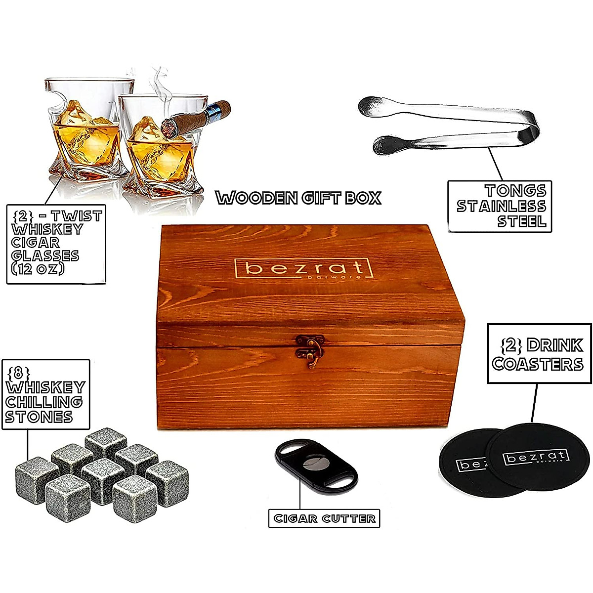 Bezrat Whiskey Cigar Glasses Gift Set - with Side Mounted Cigar Rest - Whisky Chilling Stones and accessories in Wooden Box - Scotch Bourbon Christmas Gift for Dad, Husband, Fathers Day, Birthday