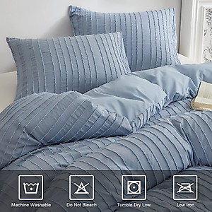 WARMDERN Blue Boho Duvet Cover King Size, Striped Textured Duvet Cover Set Tufted Bedding Set, 3 Pcs Ultra Soft Washed Microfiber Duvet Cover with Zipper Closure (King, Blue)