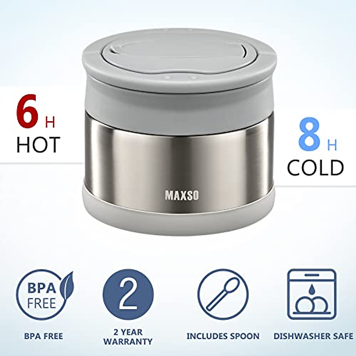 MAXSO Soup Thermos for Hot Food - 24 oz Vacuum Insulated Lunch Container with Foldable Spoon & Thermal Bag, Wide Mouth Bento Box for Adults (Silver)