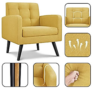 Yaheetech Mid-Century Accent Chairs, Modern Upholstered Living Room Chair, Cozy Armchair Button Tufted Back and Wood Legs for Bedroom/Office/Cafe, Yellow