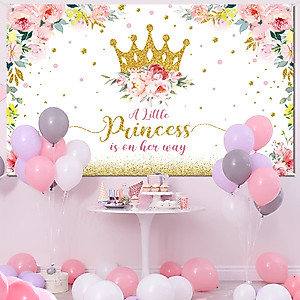Baby Shower Backdrop Little Princess Baby Shower Party Decorations for Girls Pink Flower Baby Shower Banner Gold Crown Glitter Baby Shower Photography Background Cake Table Decor Photo Booth Props