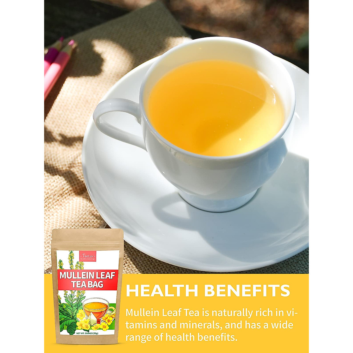 TeeLux Mullein Leaf Tea Bags, 3g/Bag, Natural Mullein Leaves, Caffeine Free, Pure Mullein Herbal Tea, 30 Tea Bags