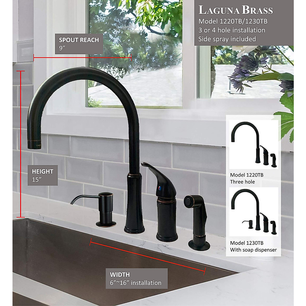 Laguna Brass 1230TB Single Handle High Arc Kitchen Faucet with Spray, Oil Rubbed Bronze Finish with Soap Dispenser