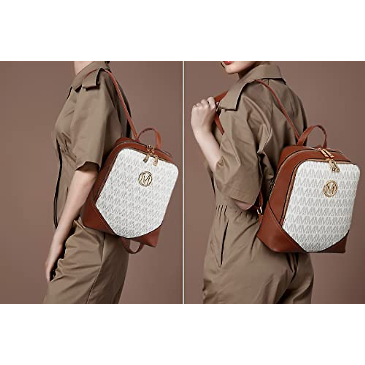 MKP COLLECTION Women Fashion Double Zipper Medium Backpack Purse PU Leather Girls Ladies Bookbag Travel Shoulder Bag Set 2Pcs