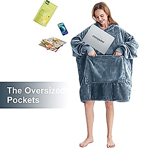 Aemilas Wearable Blanket Hoodie,Oversized Blanket Sweatshirt with Hood Pocket and Sleeves,Cozy Soft Warm Plush Flannel Hooded Blanket for Adult Women Men,One Size Fits All(Grey)