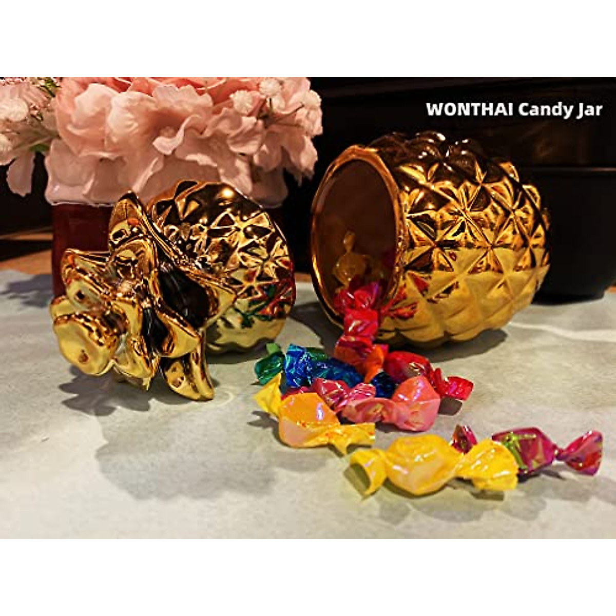 WONTHAI Pineapple Shaped Ceramic Jar - Cookie Candy Storage- for Home Bathroom or Office Table Decor- Gold