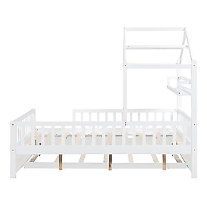 SIYSNKSI Full Size House Bed with Trundle, Wooden House Platform Bed with Shelf and Storage Headboard, Montessori Bed Playhouse Tent Bed Frame for Kids Girls Boys (White + Wood-87C)