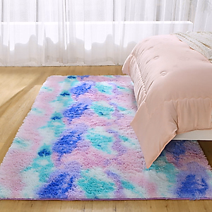 FGCOGOD Ultra Soft Shaggy Rug for Bedroom, 4 x 6 Feet Modern Tie Dye Area Rug, Purple Blue Fluffy Carpet for Living Room, Kids Girls Room, Bedside, Home Office, Nursery Indoor Decor