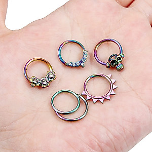 Vsnnsns 16G Septum Rings Piercing Jewelry Skull Septum Jewelry CZ Clicker Ring Stainless Steel flower Septum Hinged Segment Nose Rings Hoop Piercing Jewelry for Men Women 10mm 5pcs Rainbow