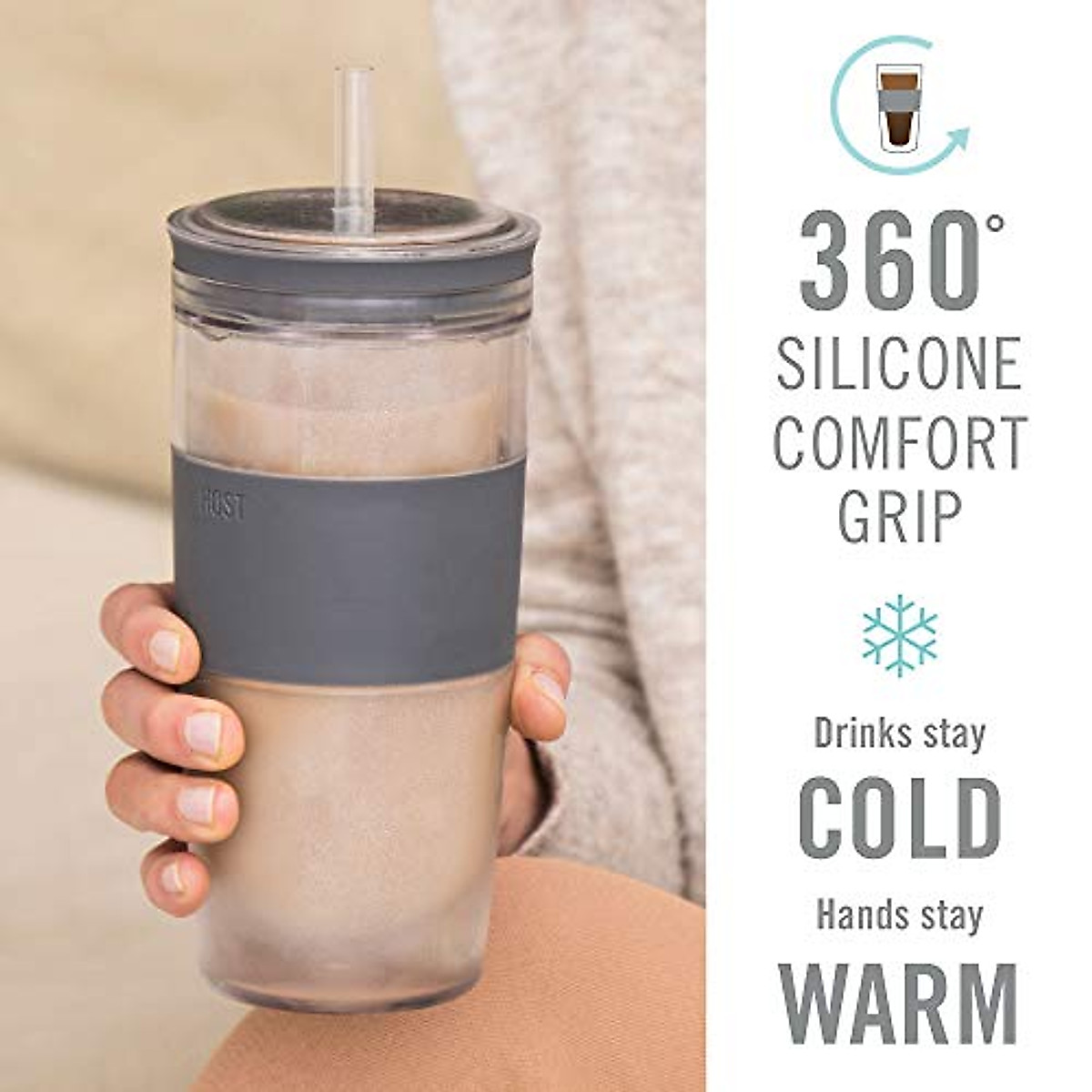 HOST Straw and Lid Plastic Double Wall Insulated Freezable Drink Chilling Tumbler with Freezing Gel Glasses for Red and White Wine, 16 oz, Grey