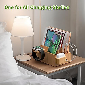 Pezin & Hulin Bamboo Charging Station Organizer for Multiple Devices, Desktop Docking Stations Holder for Cell Phone, Tablet, SmartWatch & Earbuds Stand (Included 5 Cables) (No USB Charger)