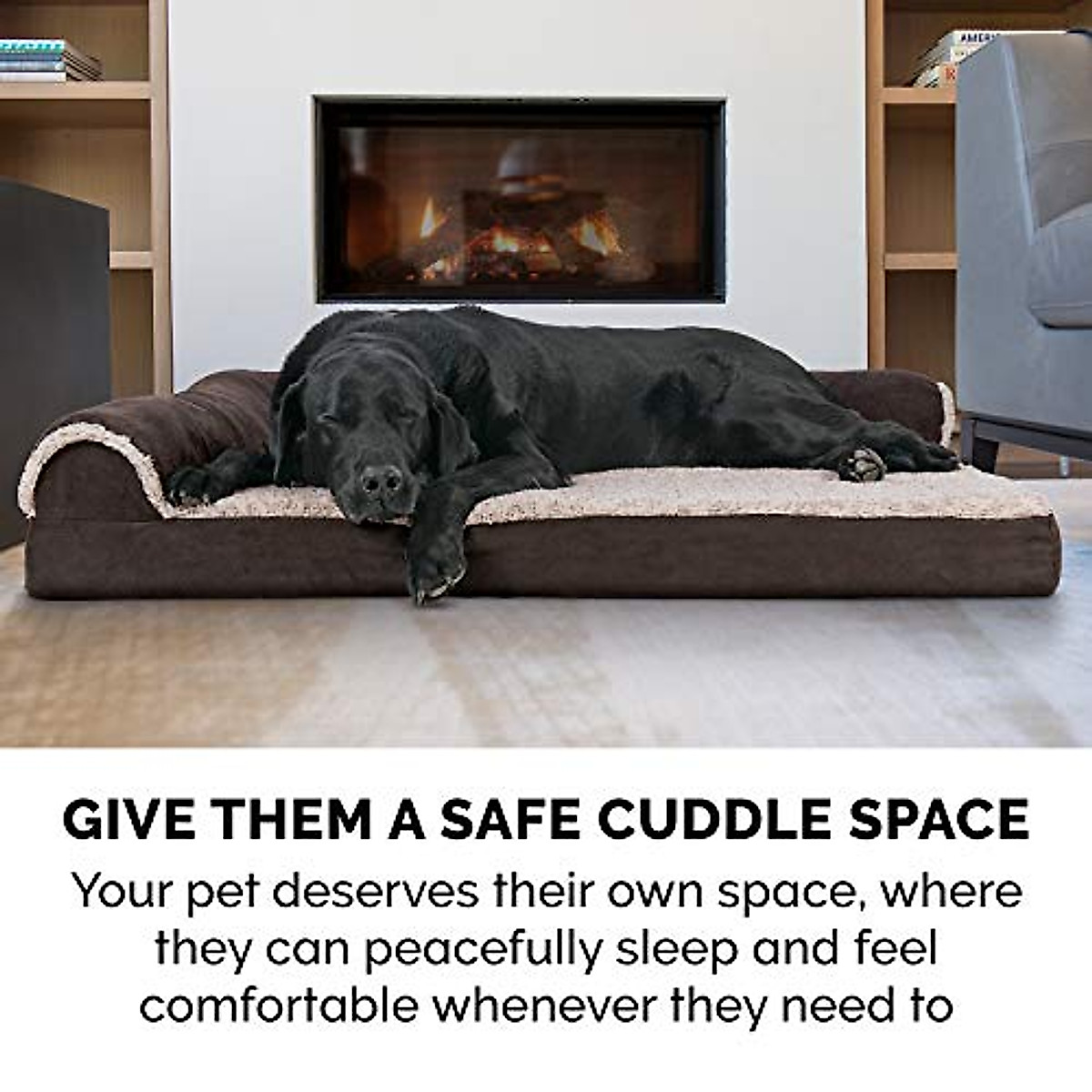 Furhaven Medium Cooling Gel Foam Dog Bed Two-Tone Faux Fur & Suede L Shaped Chaise w/ Removable Washable Cover - Espresso, Medium