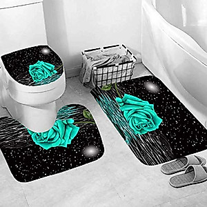 Taysta 4Pc Teal Rose Flower Under Moon Black Romantic Starry Night Sky Shower Curtain Sets Non-Slip Rug, Toilet Lid Cover, Bath Mat, Bathroom Decor Curtains with 12 HooksWaterproof Fabric