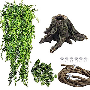 PINVNBY Resin Reptile Tree Stump Decorations,Reptiles Hollow Tree Root Decor Bearded Dragon Terrarium Habitat Hideouts Cave Bendable Jungle Vines Ornament for Lizard Chameleon Snake Gecko Hermit Crabs