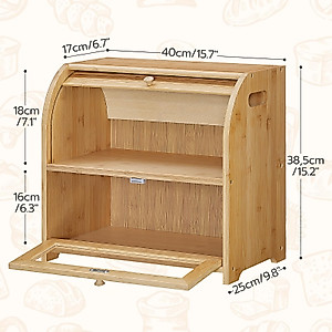HOOBRO Bread Box, Bamboo Bread Box for Kitchen Countertop, 2 Tier Roll-Top Bread Bin, Food Storage Box, Large Capacity Keeper, Wooden Storage Cabinet, for Kitchen, Dining Room, Natural YL13MB01