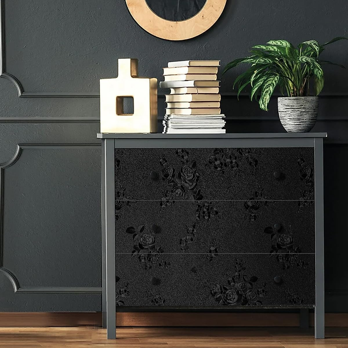 lenify Black Flower Wallpaper Stick and Peel 17.7inch x 118.1inch Embossed Floral Stick Peel Contact Paper Solid Pure Waterproof Black Self Adhesive Wallpaper Black Flower Removable Shelf Vinyl Roll