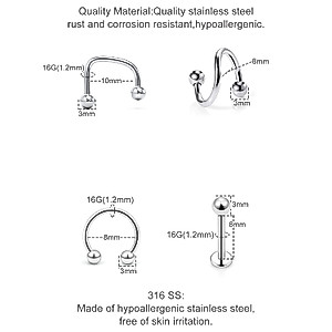 Ovxznts 30Pcs Assorted Design 16g Lip Rings Studs Medusa Piercing Jewelry Surgical Steel Monroe Labret Studs Tragus Earrings Hoop Horseshoe Septum Ring Twist Helix Daith Cartilage Piercings 8mm