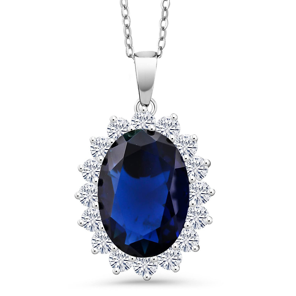 Gem Stone King 13.00 Cttw Blue Simulated Sapphire Pendant Necklace For Women In 925 Sterling Silver | Oval 13X18MM | With 18 Inch Silver Chain